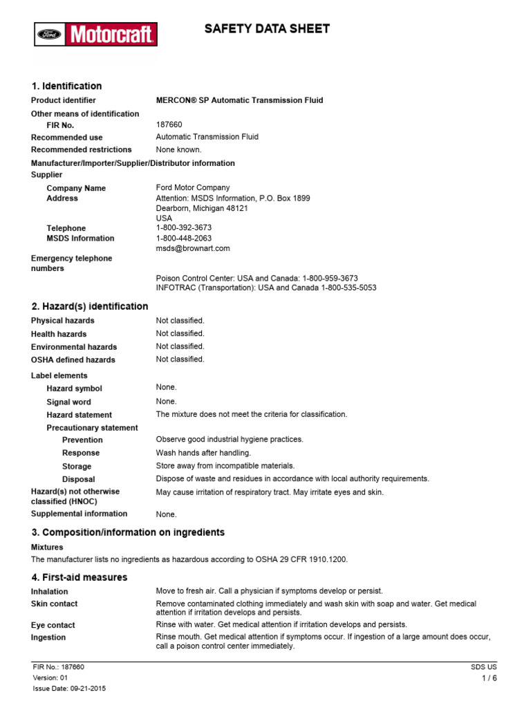 MERCON SP Automatic Transmission Fluid SDS | PDF | Dangerous Goods | Waste