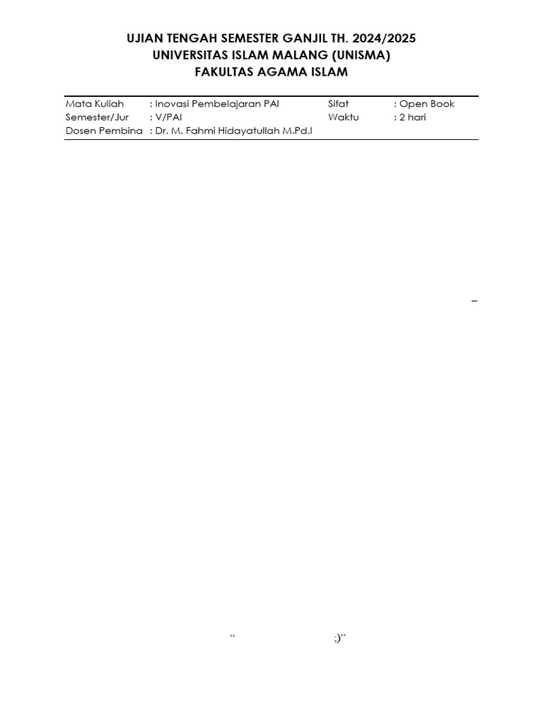 Soal UTS Inovasi Pembelajaran PAI Multikultural | PDF