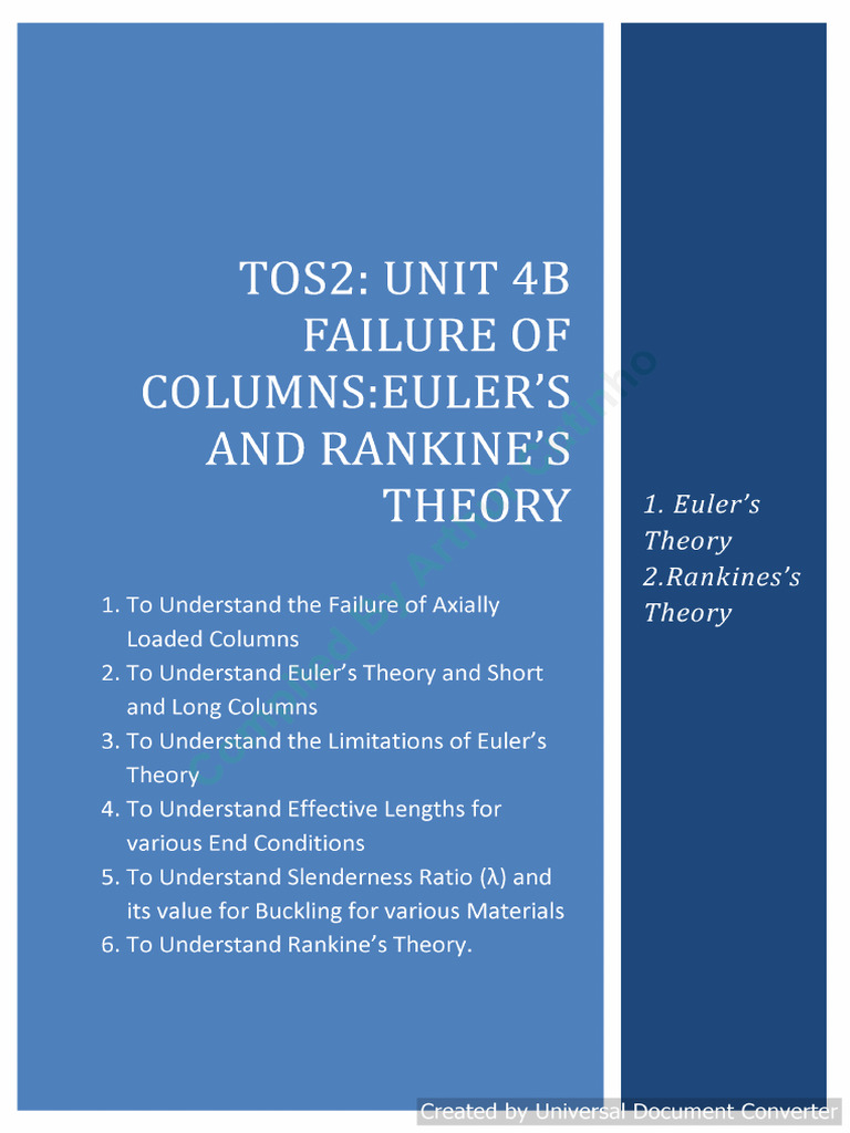 TOS 2 Unit 4B Failure of Columns; Euler's Theory and Rankine's Theory | PDF