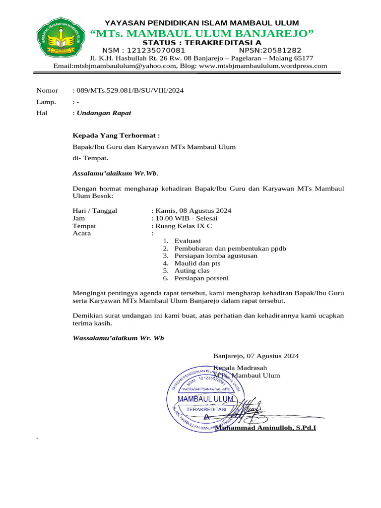 Surat undangan Rapat Evaluasi - | PDF