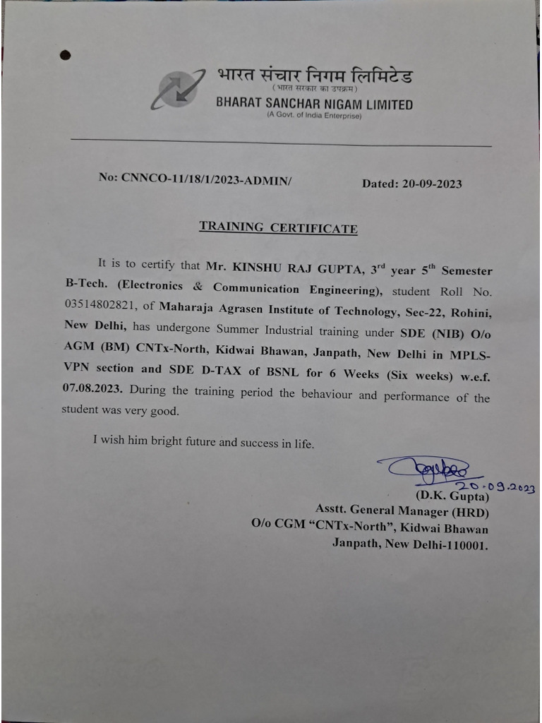 BSNL 5th Sem Certificate Kinshu | PDF