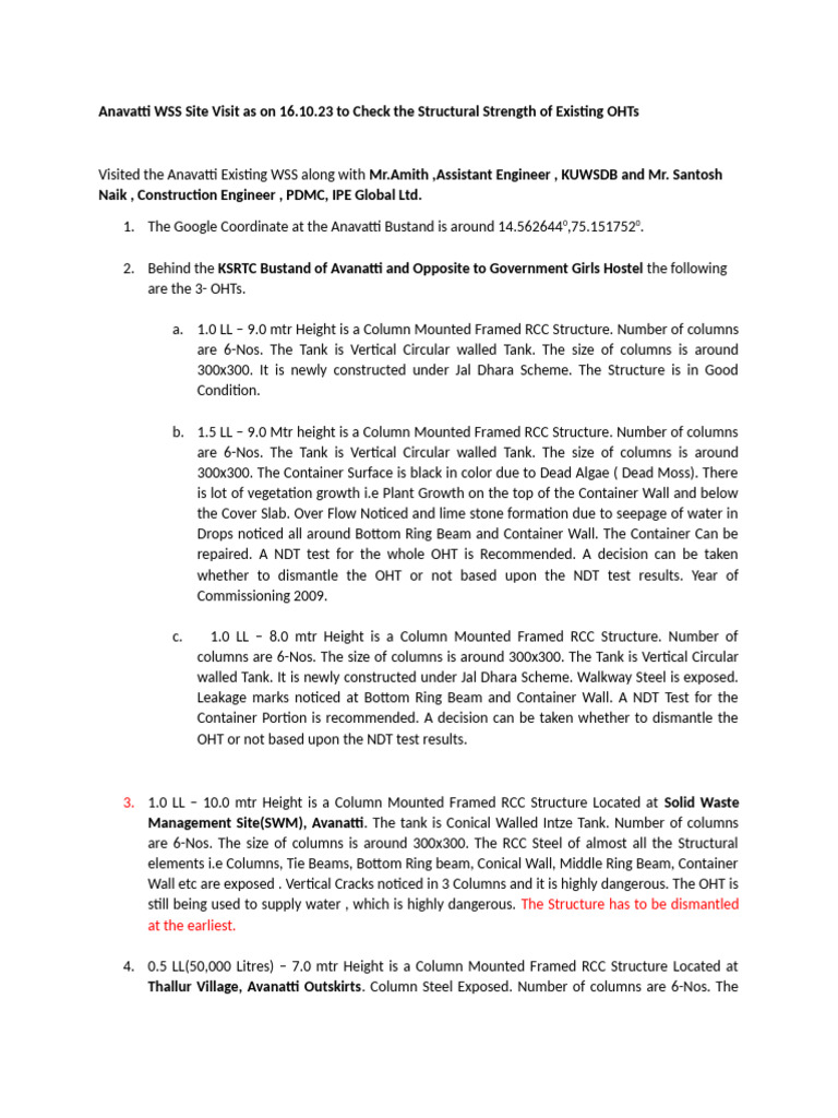 Anavatti WSS OHT Site Visit 17.10.23 | PDF | Beam (Structure) | Column