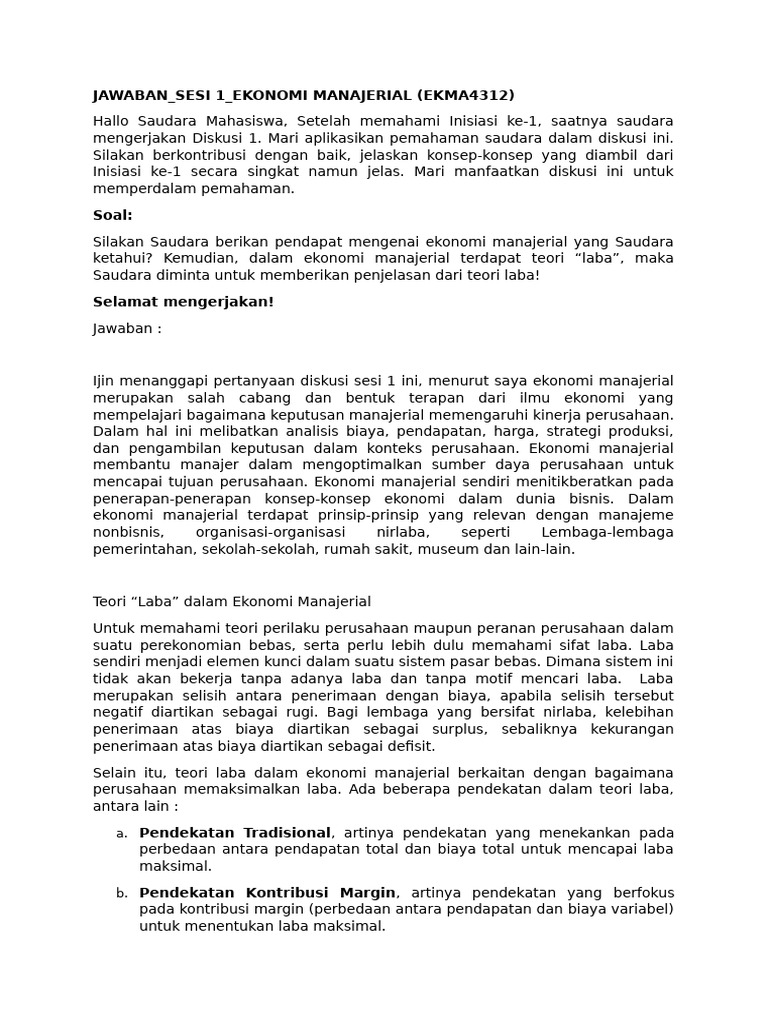 Jawaban - Sesi 1 - Ekonomi Manajerial (Ekma4312) | PDF