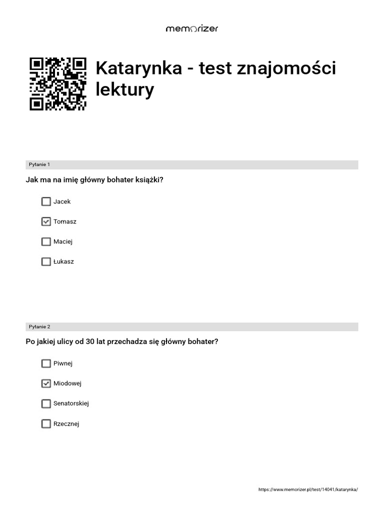 Katarynka - Test Znajomości Lektury - WYPEŁNIONY | PDF
