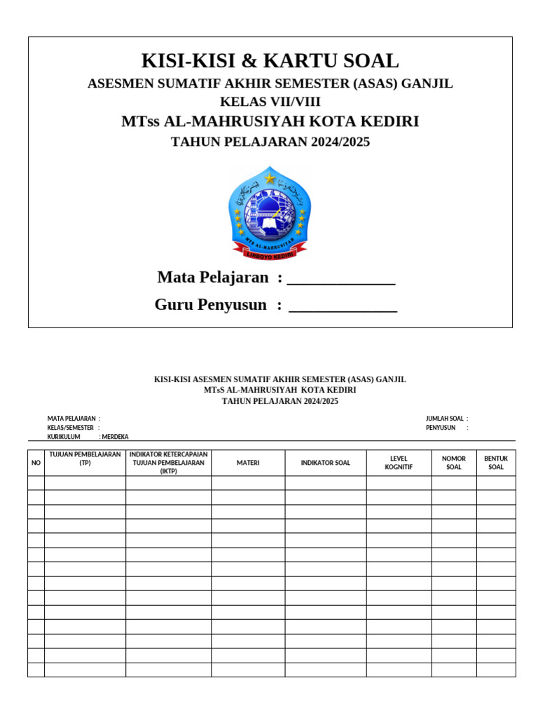 Kartu Soal ASAS Ganjil Kelas 7&8 | PDF
