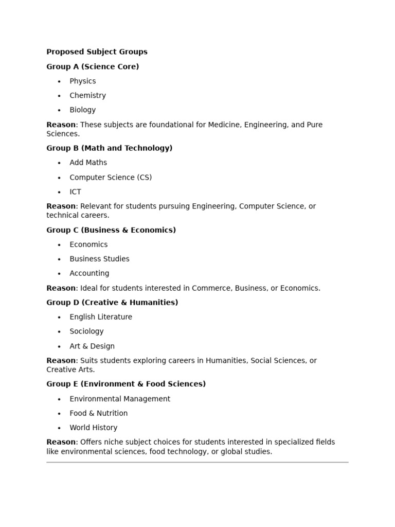 Proposed Subject Groups for Students | PDF