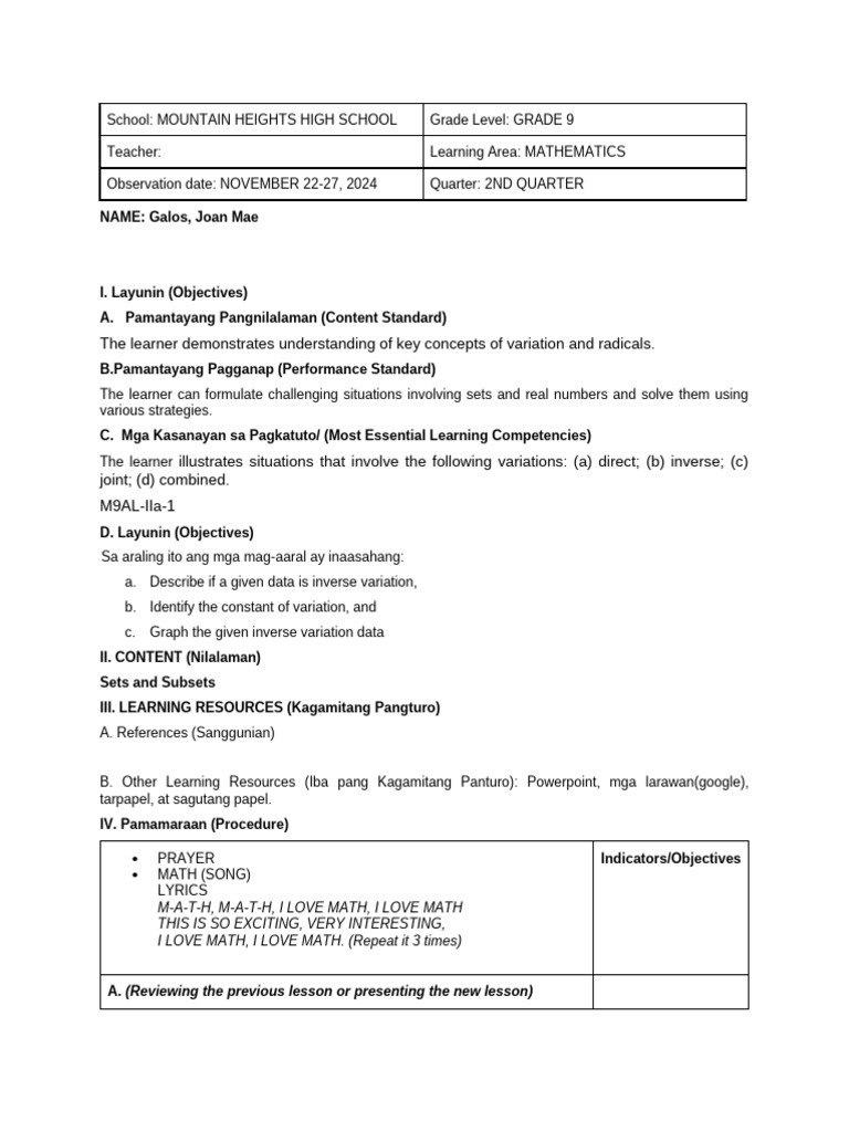 Dlp-Inverse Variation (Grade 9) | PDF | Variable (Mathematics) | Gases