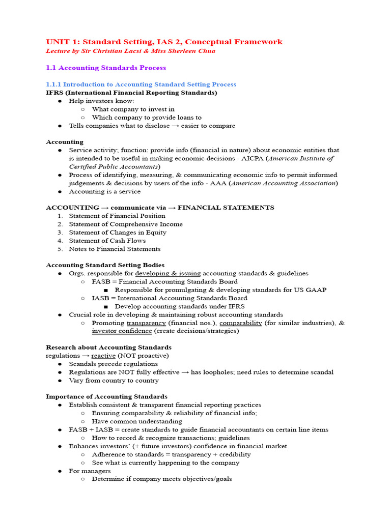 UNIT 1 - Standard Setting, IAS 1, Conceptual Framework | PDF ...