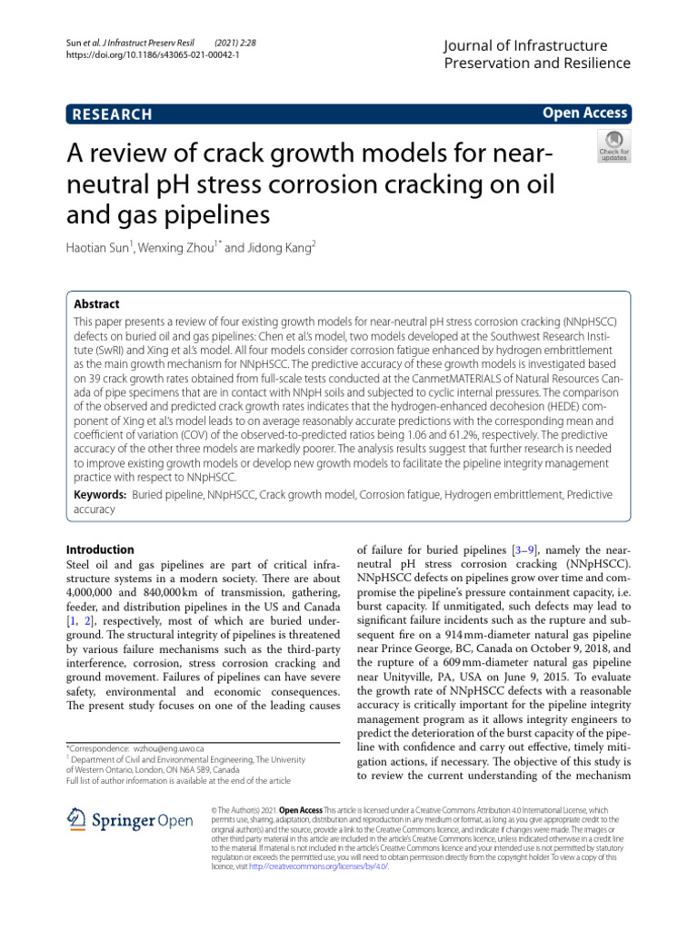 A review of crack growth models for near-neutral pH stress corrosion ...