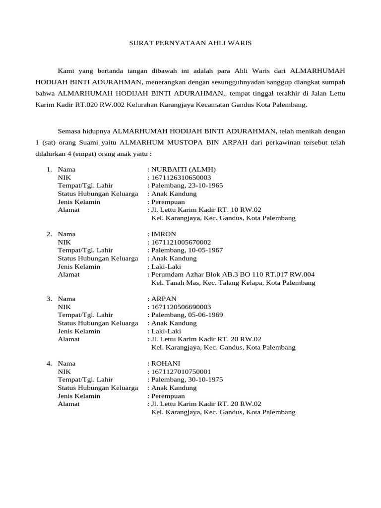 SURAT PERNYATAAN AHLI WARIS | PDF