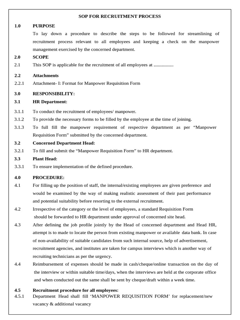 SOP For Recruitment-Procedure | PDF | Recruitment | Employment