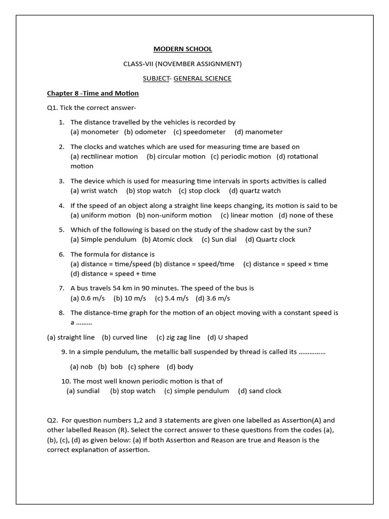 November Assignment Class 7 (Science) | PDF | Pendulum | Speed