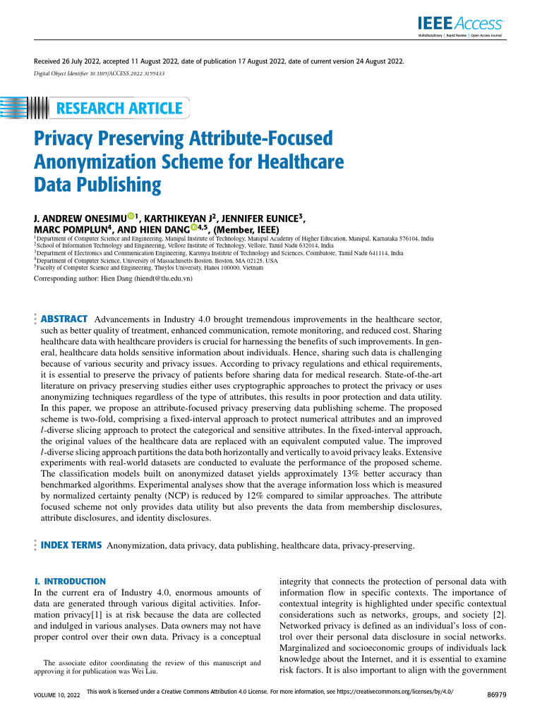 Privacy Preserving Attribute-Focused Anonymization Scheme For Healthcare Data Publishing | PDF ...