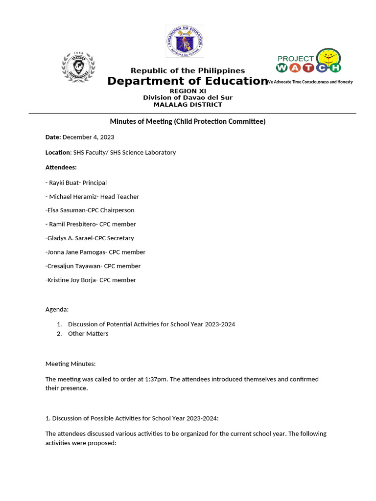 Child Protection Committee Meeting Minutes | PDF