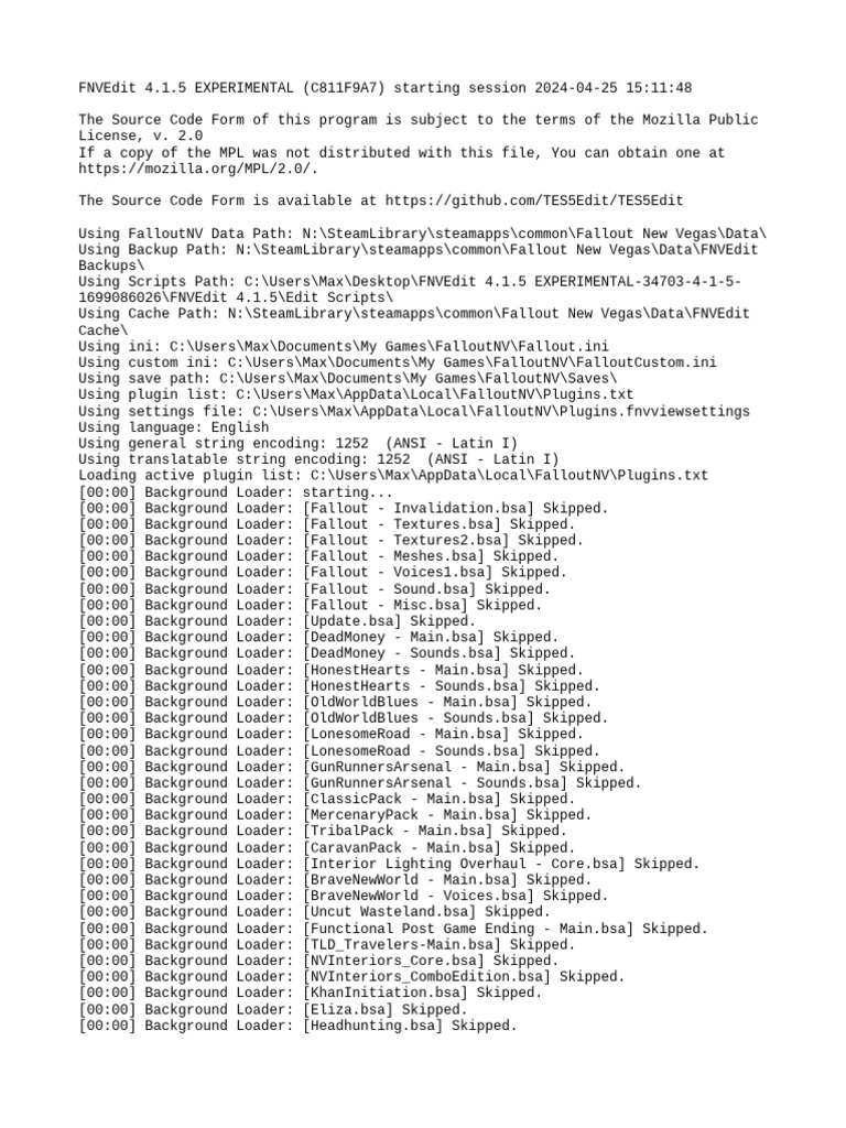 FNVEdit Log | PDF | Text File | Plug In (Computing)
