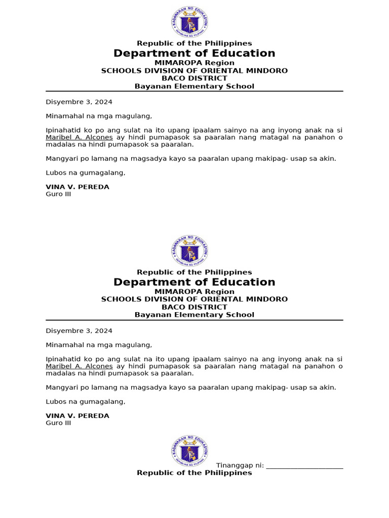 Letter Sa Absent | PDF