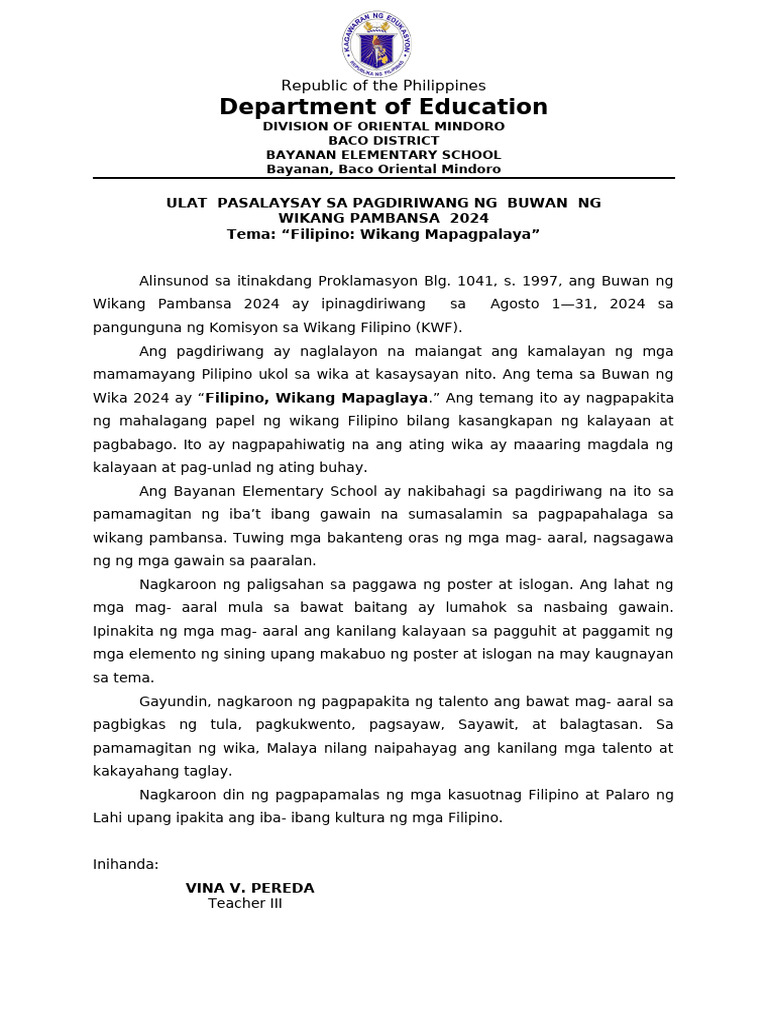 ULAT PASALAYSAY SA PAGDIRIWANG NG BUWAN NG WIKA- 2024- Bayanan ES | PDF