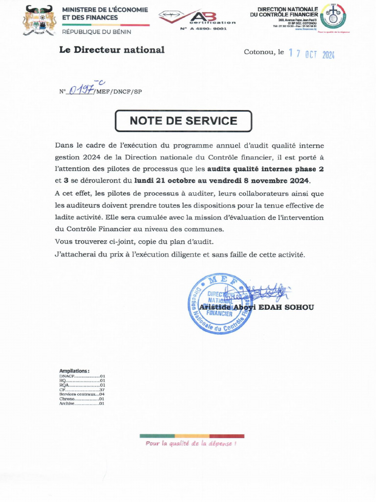 Note de Service Et Plan D'audit Qualite Phase 2 Et 3 | PDF