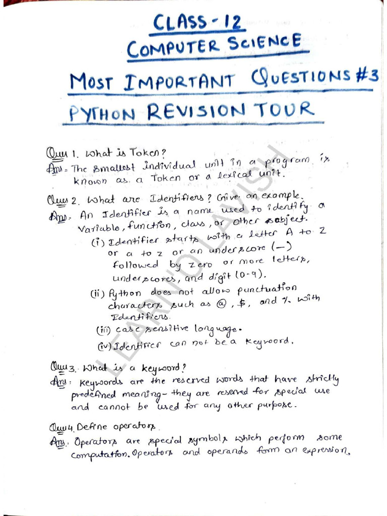 Class 12 CS Most IMP Ques #3(Revision Tour) | PDF