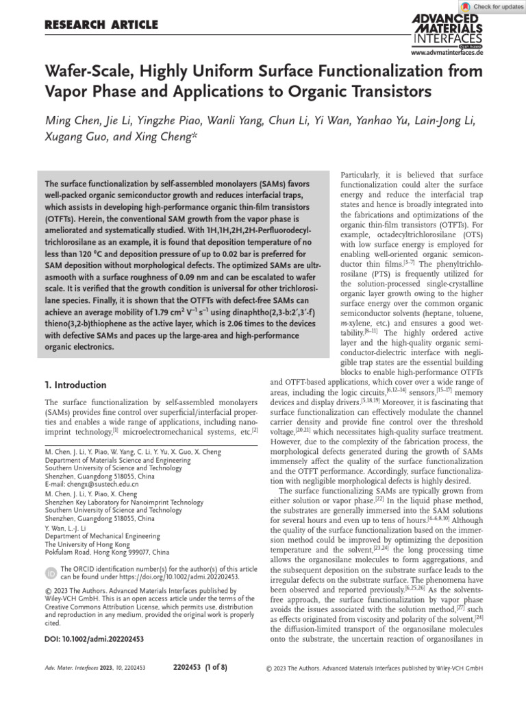 Adv Materials Inter - 2023 - Chen - Wafer‐Scale Highly Uniform Surface ...