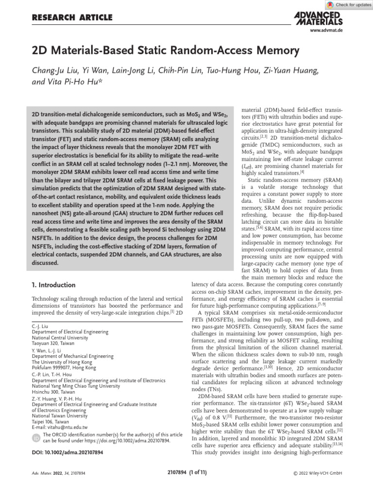 Advanced Materials - 2021 - Liu - 2D Materials‐Based Static Random‐Access Memory | PDF | Mosfet ...