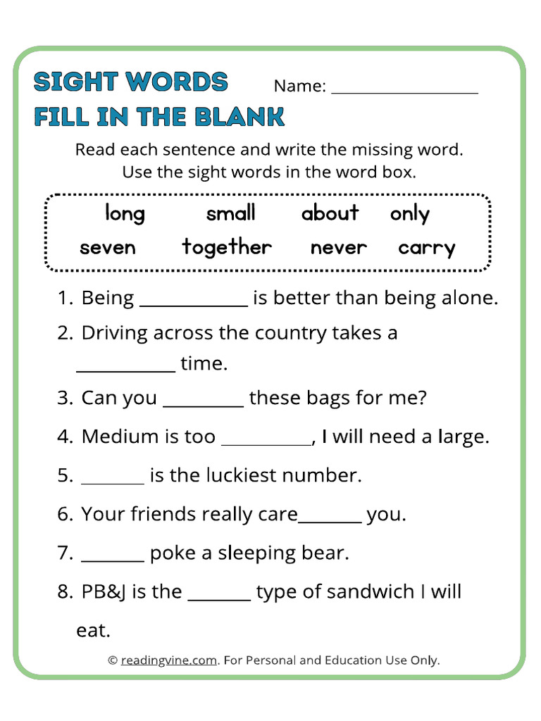 3rd Grade Fill in The Blank Sight Words | PDF
