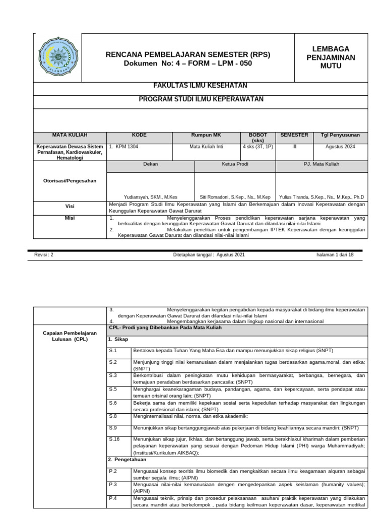 1. RPS Kep. Dewasa Sistem CV, Resp, Imun (20242025) | PDF