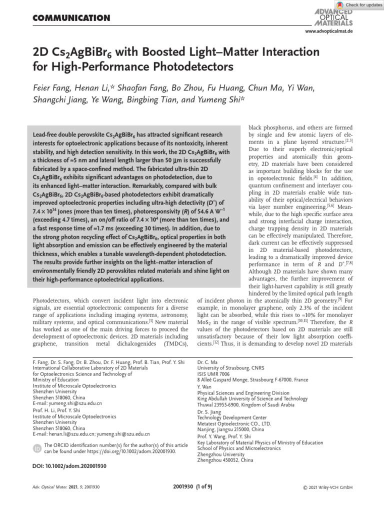 Advanced Optical Materials - 2021 - Fang - 2D Cs2AgBiBr6 with Boosted ... Advanced Optical Materials - 2021 - Fang - 2D Cs2AgBiBr6 with Boosted ...
