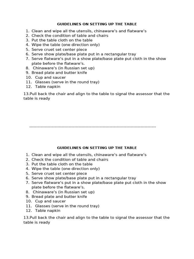 Guidelines On Setting Up The Table | PDF