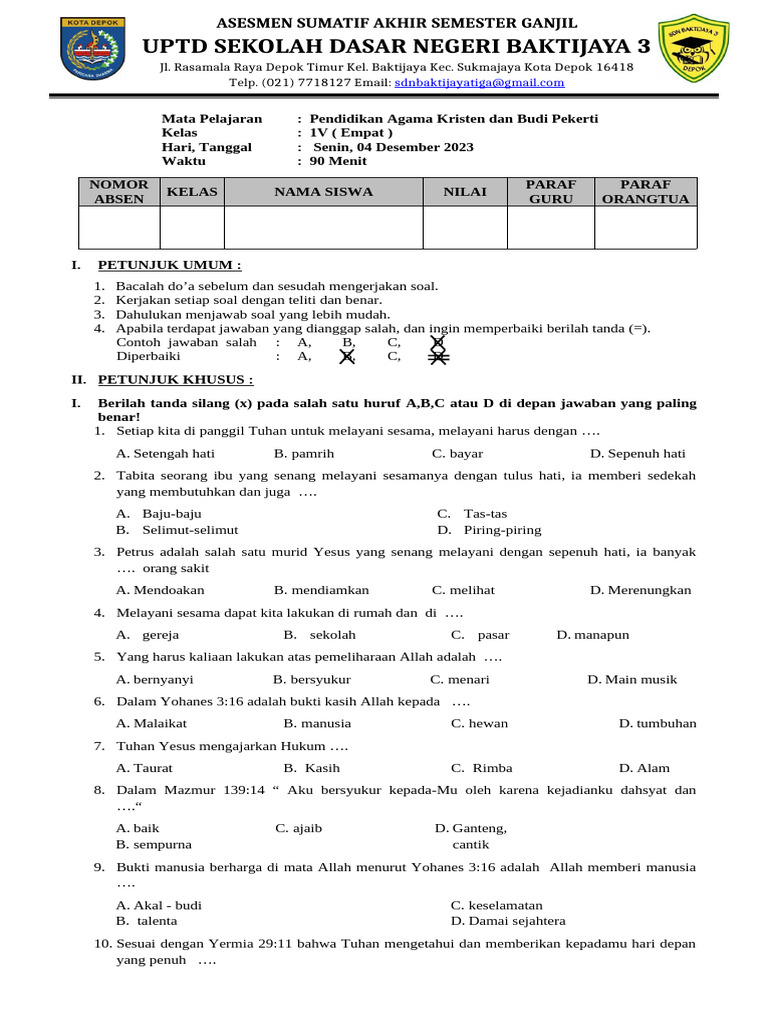 Soal PTS Ganjil Kls 1V 2023-2024 | PDF