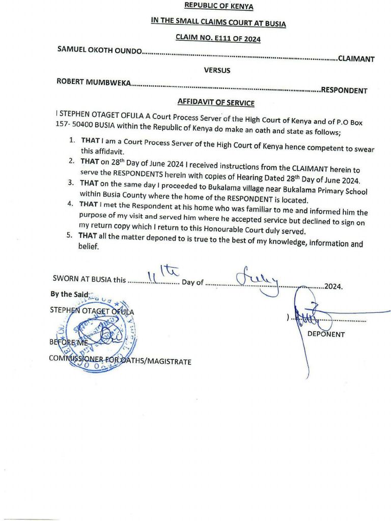 Samuel Okoth - Affidavit of Service - 0001 | PDF