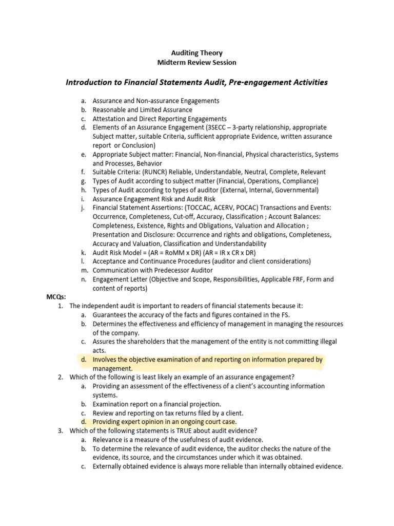 FEU Review - Auditing Theory (MT-clean) | PDF | Audit | Financial Statement