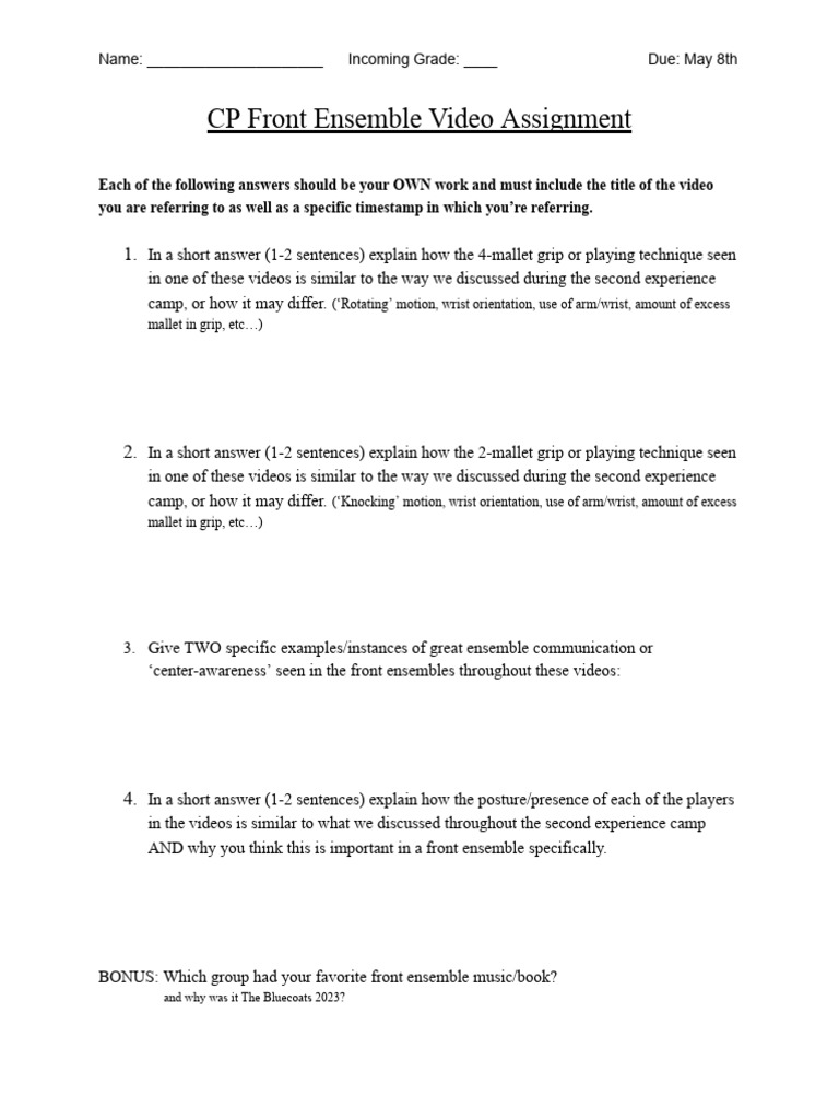 CP Front Ensemble Video Assignment | PDF