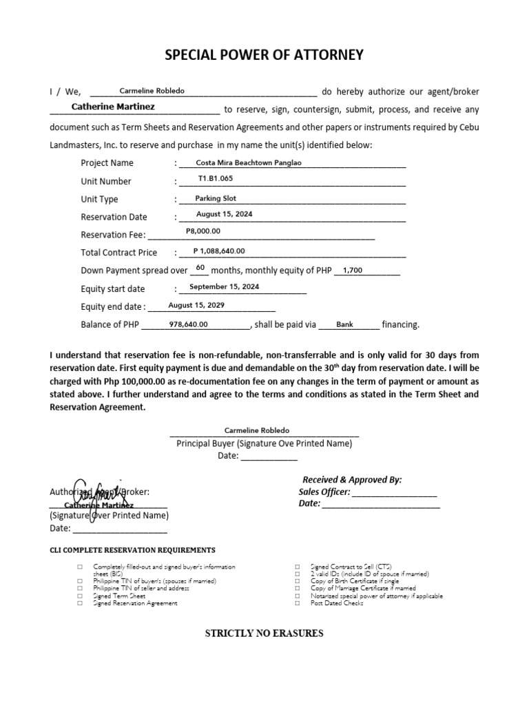 SPA FORM For Reservation | PDF | Power Of Attorney | Private Law