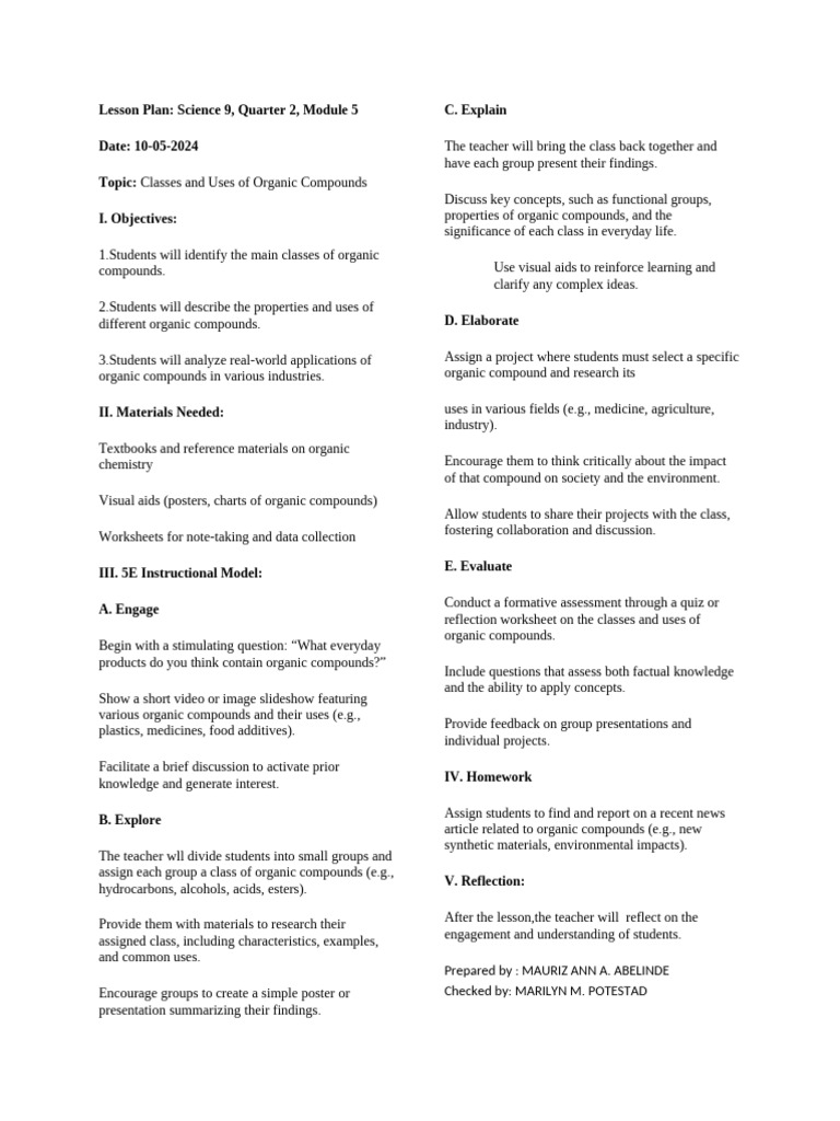 Organic Compounds Lesson Plan for 9th Grade | PDF | Lesson Plan ...