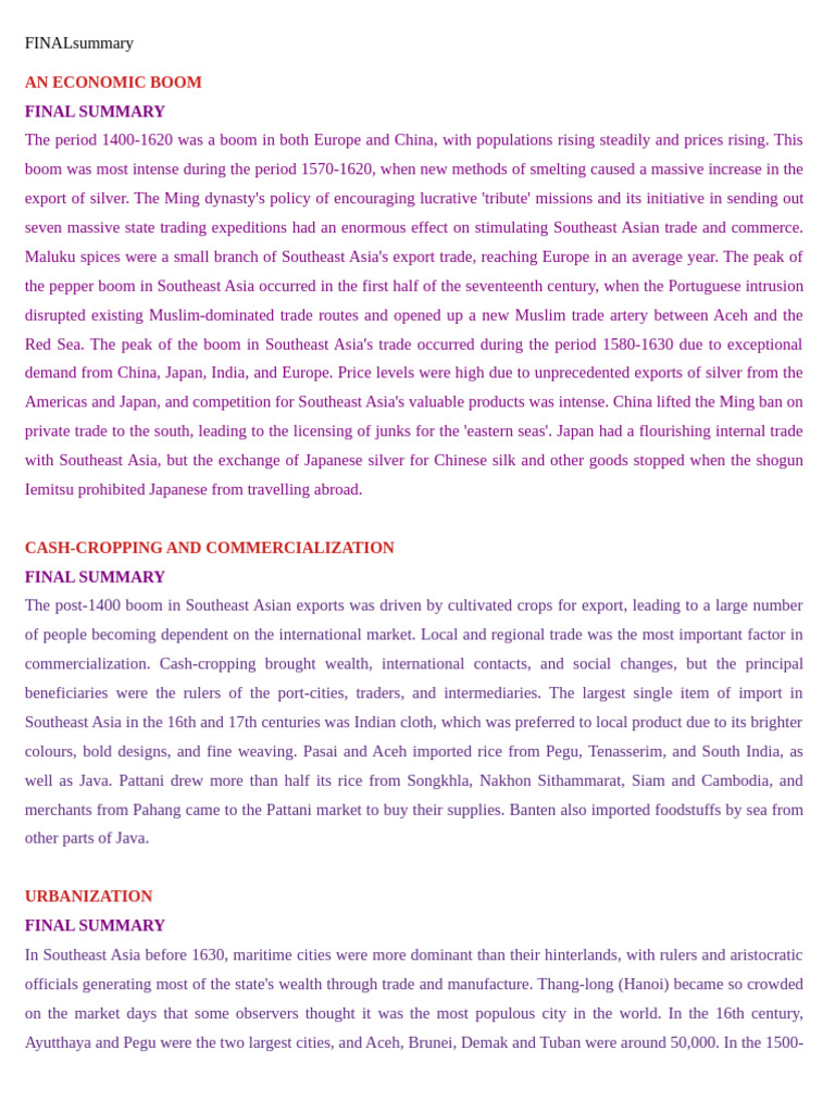 Final Summary Pdf Southeast Asia Trade