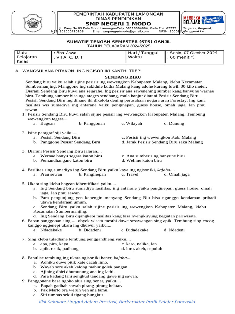 Soal Baja Ganjil 7a, 7C, 7D, 7F | PDF