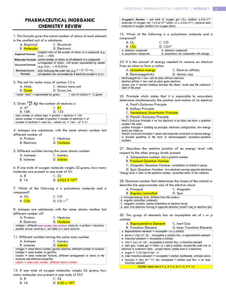 Inorg Review Questions Part 1 | PDF | Chemical Bond | Chemical Polarity