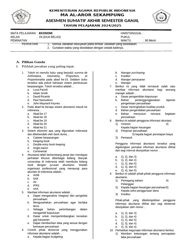 Soal Ekonomi Kelas 12 Semester Ganjil | PDF