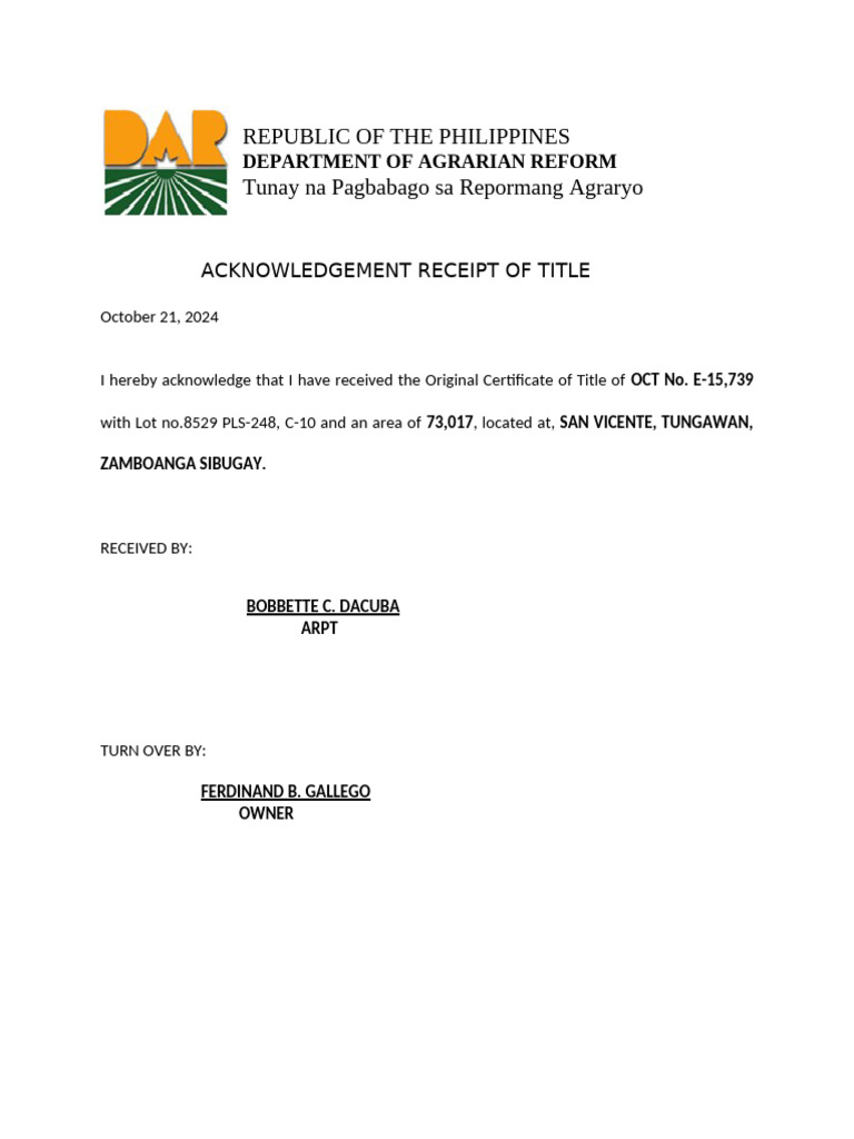 Acknowledgement Receipt of Title | PDF