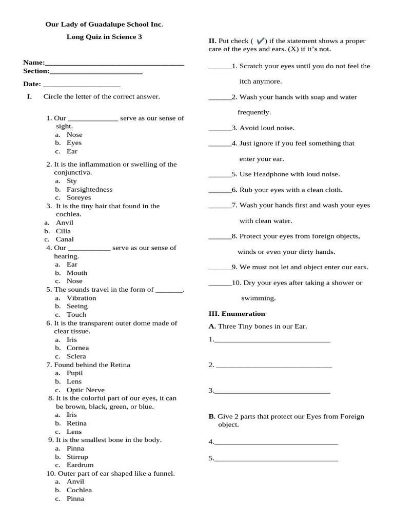 Science 3 ( Long Quiz) | PDF | Ear | Human Eye