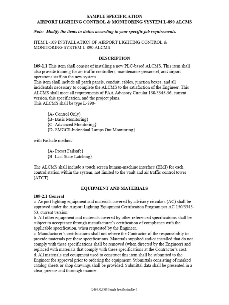 L 890 ALCMS Sample Specification Rev 1 | PDF | Laptop | User Interface