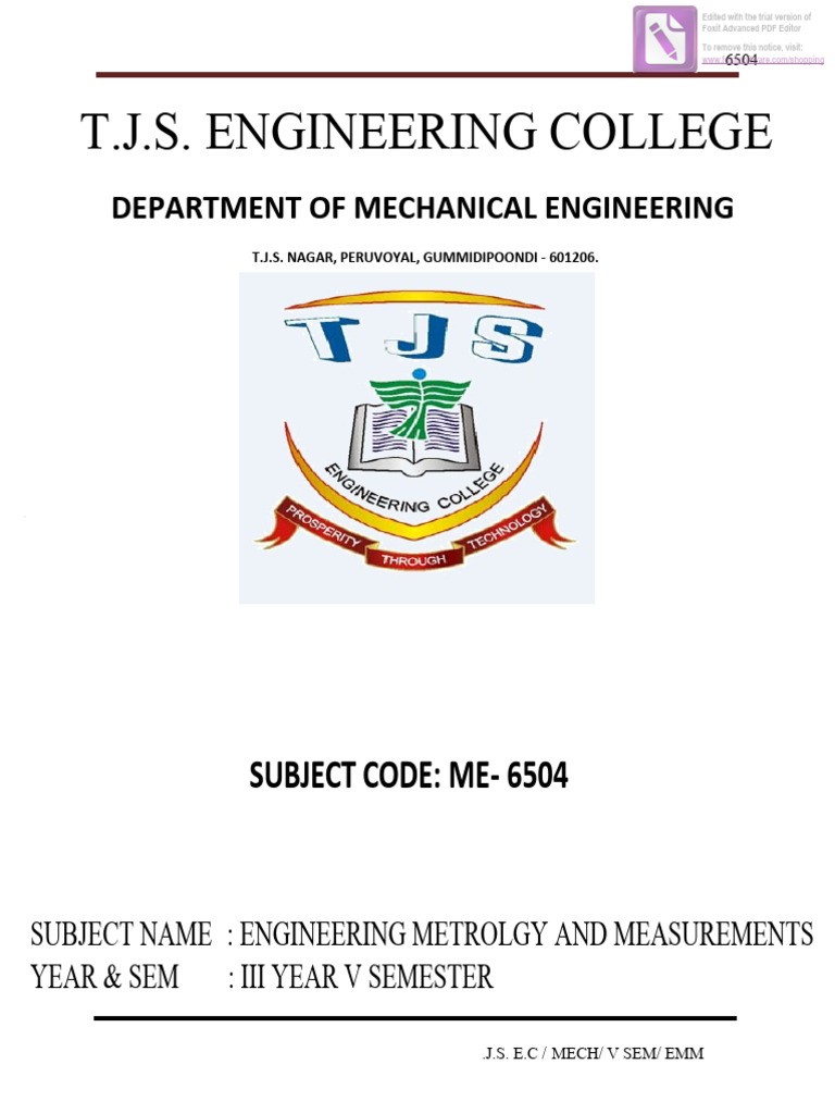 Engineering Metrology and Measurements COURSE MATERIAL | PDF | Observational Error | Measurement