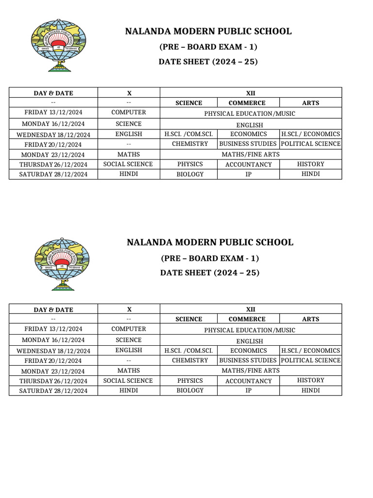 Nalanda Modern Public School: (Pre - Board Exam - 1) DATE SHEET (2024 ...