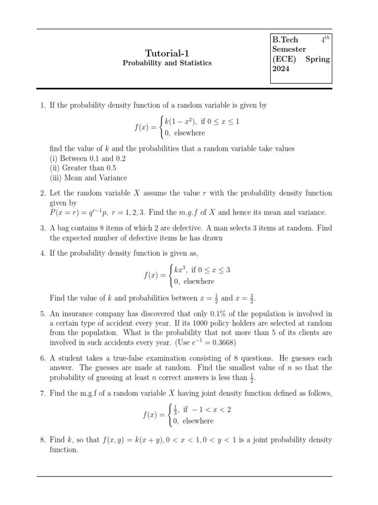 Probability and Statistics Tutorial ECE 4th Sem | PDF | Probability ...