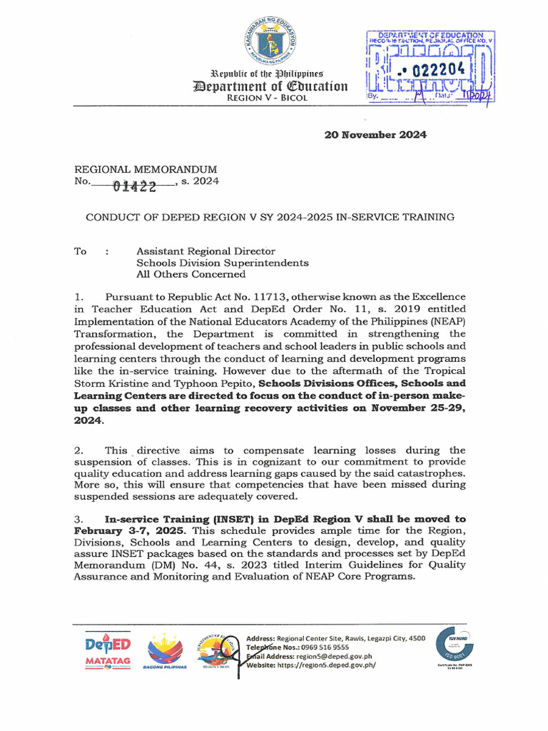 RM - 1422 S - 2024 Conduct of DepEd Region V SY 2024 2025 in Service ...