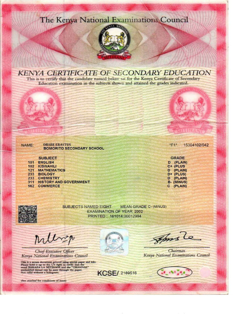Kcse Certificate | PDF