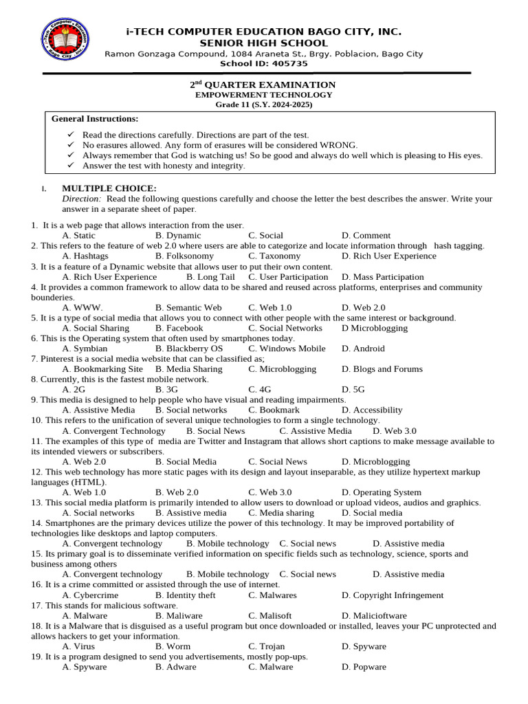 2nd Quarter Examination E Tech | PDF | Malware | World Wide Web