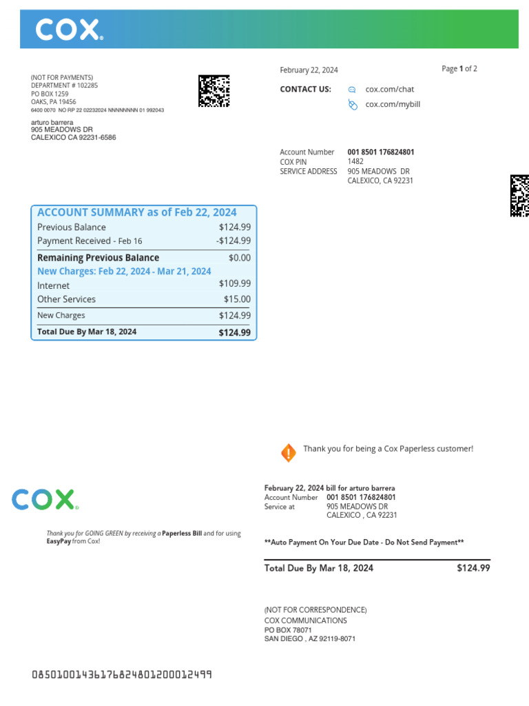 Cox Bill Summary for February 2024 | PDF | Wi Fi | Telecommunications