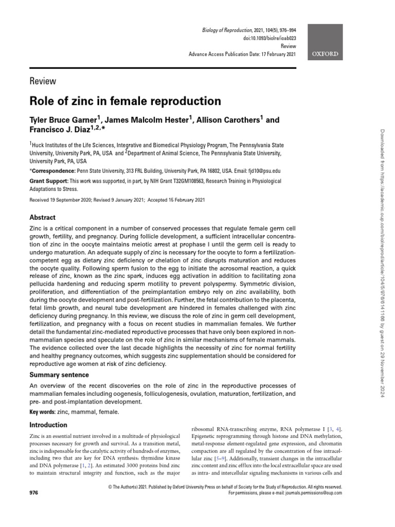 Zinc's Role in Female Reproduction | PDF | Meiosis | Spectroscopy